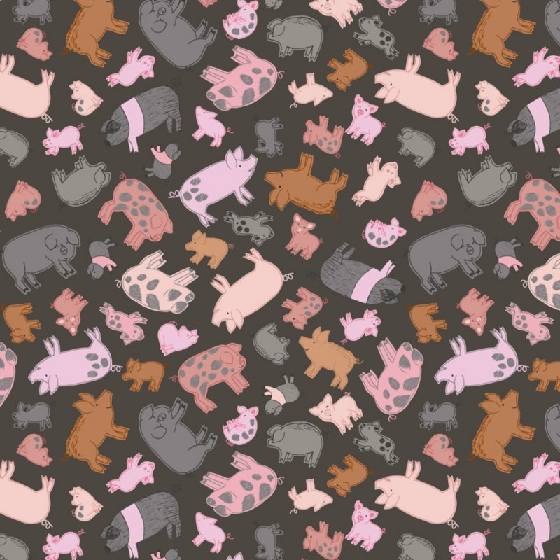 (REMNANT) 100% Cotton Fabric Lewis & Irene Piggy Tales Pigs Farm Dark ...