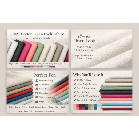 Linen-Look Cotton Fabric 100% Cotton, Breathable, Clothing, Home Décor