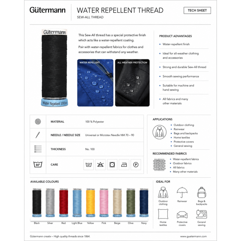 Gutermann Water Repellent Thread 100m | 12 Colours Available