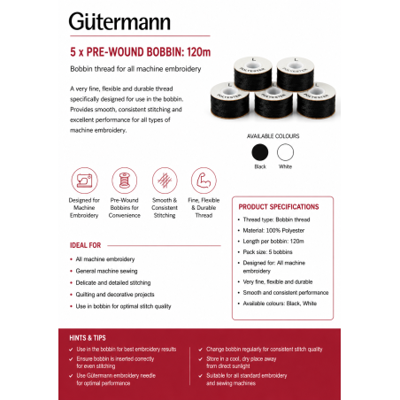 Gutermann Pre-Wound Bobbins 120m | Black or White Machine Embroidery ...