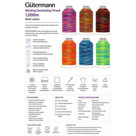 Gutermann Miniking Overlocking Thread 1000m Multi-Colour Polyester Thread