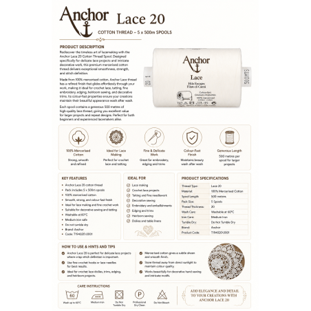 Anchor Lace 20 Cotton Thread 500m Spool for Lace Making & Crochet