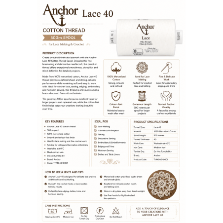 Anchor Lace 40 Cotton Thread 500m Spool for Lace Making & Crochet