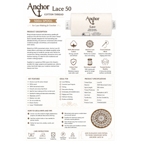 Anchor Lace 50 Cotton Thread 500m Spool for Lace Making & Crochet