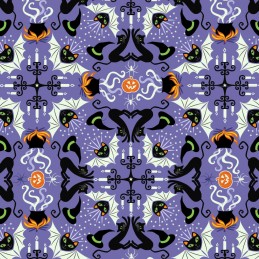 (REMNANT) 100% Cotton Fabric Lewis & Irene Haunted House Cats Bats Blue ...