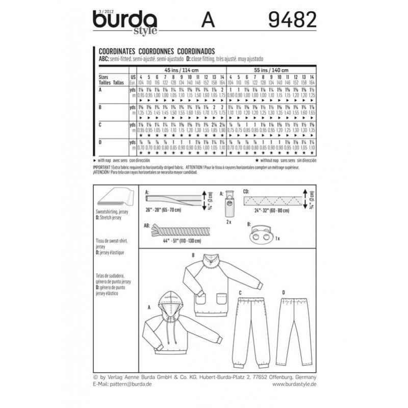 Burda Sewing Pattern 9482 Kids Girls Boys Hoodie Jogging Trousers L...