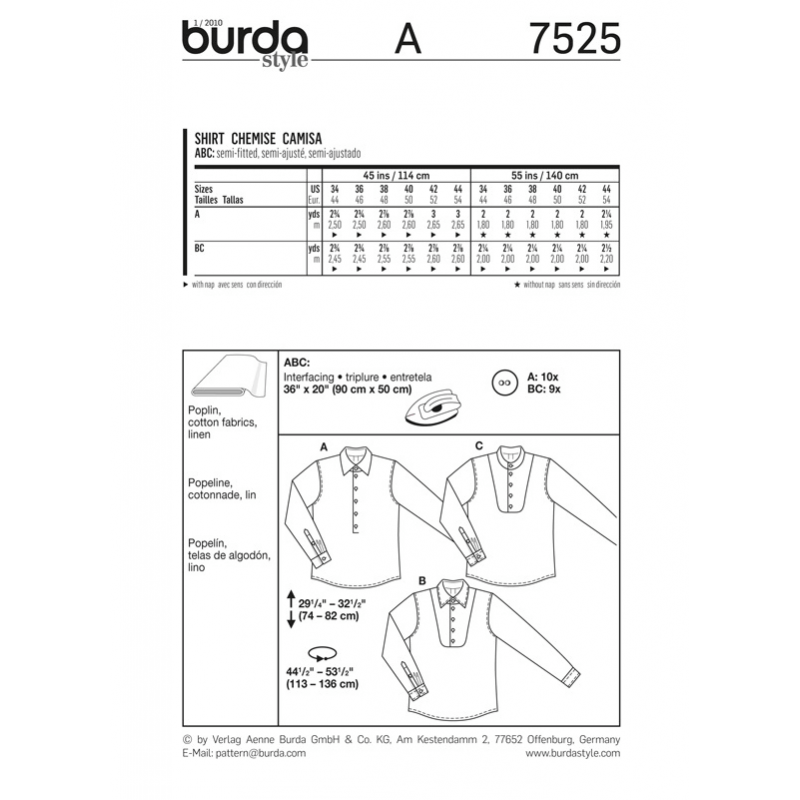 Burda Style Mens Shirt & Polo Shirt Fabric Sewing Pattern 7525
