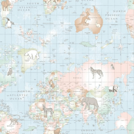 100% Cotton Fabric Lifestyle Animal Planet World Map Wildlife 140cm...