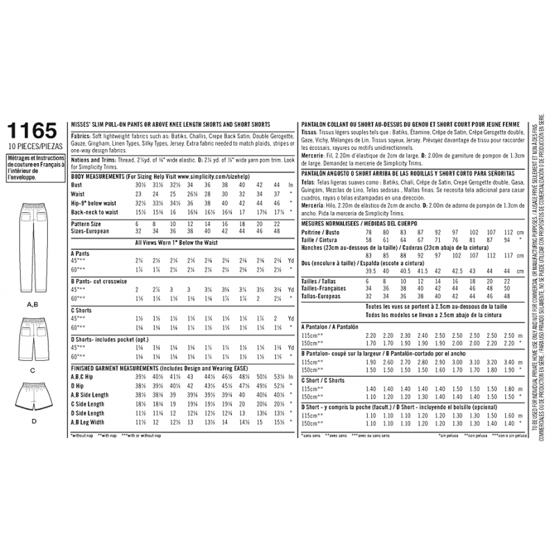 Simplicity Sewing Pattern 1165 Misses' Pull-on Trousers, Long or Sh...