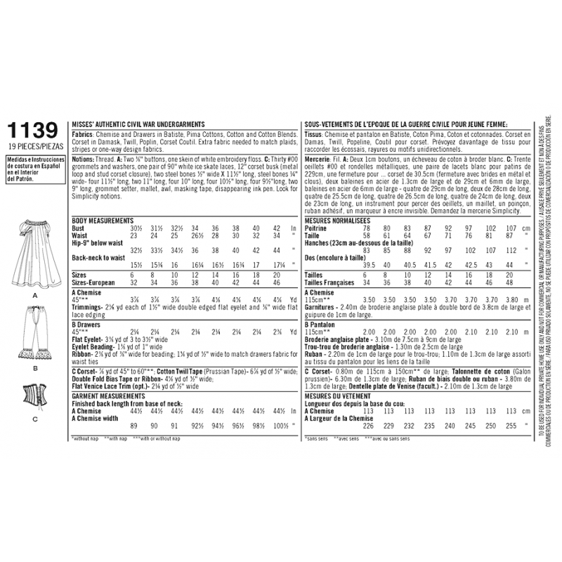 Simplicity Sewing Pattern 1139 Misses Civil War Undergarments Vinta...