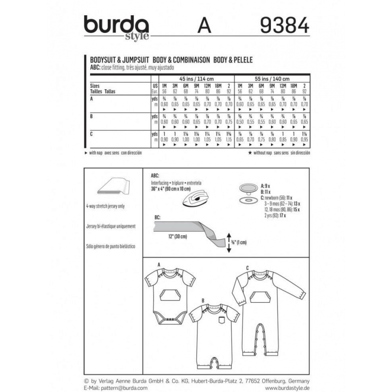 Kids Babies Bodysuit Babygrow Romper Burda Sewing Pattern 9384