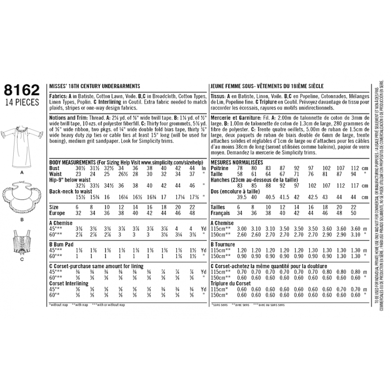 Simplicity Sewing Pattern 8162 Misses 18th Century Undergarments Co...