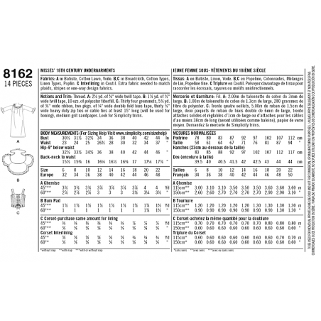 Simplicity Sewing Pattern 8162 Misses 18th Century Undergarments Co...