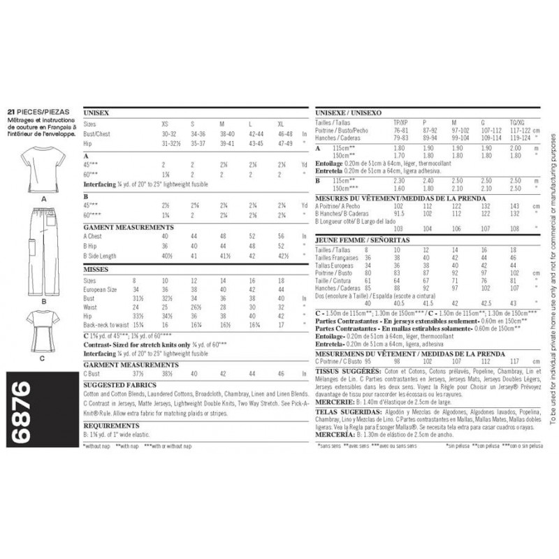 New Look Miss/Men Scrubs Tops And Trousers Sewing Pattern 6876