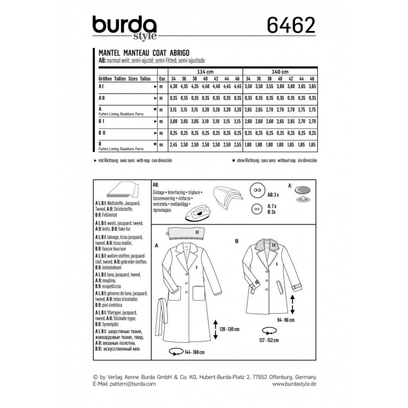 Burda Sewing Pattern 6462 Style Women's Fur Collar Blazer Coat Dress