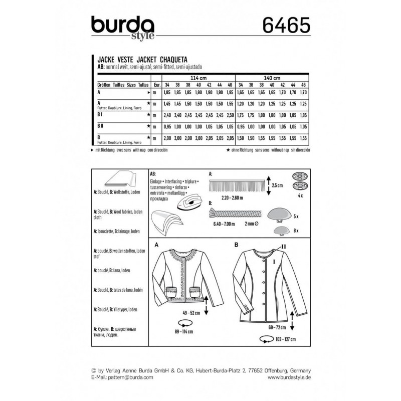 Burda Sewing Pattern 6465 Style Women's Collarless Jacket Coat