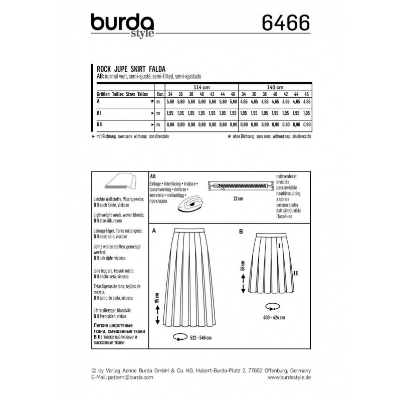 Burda Sewing Pattern 6466 Style Women's Pleated Skirt with Waistban...