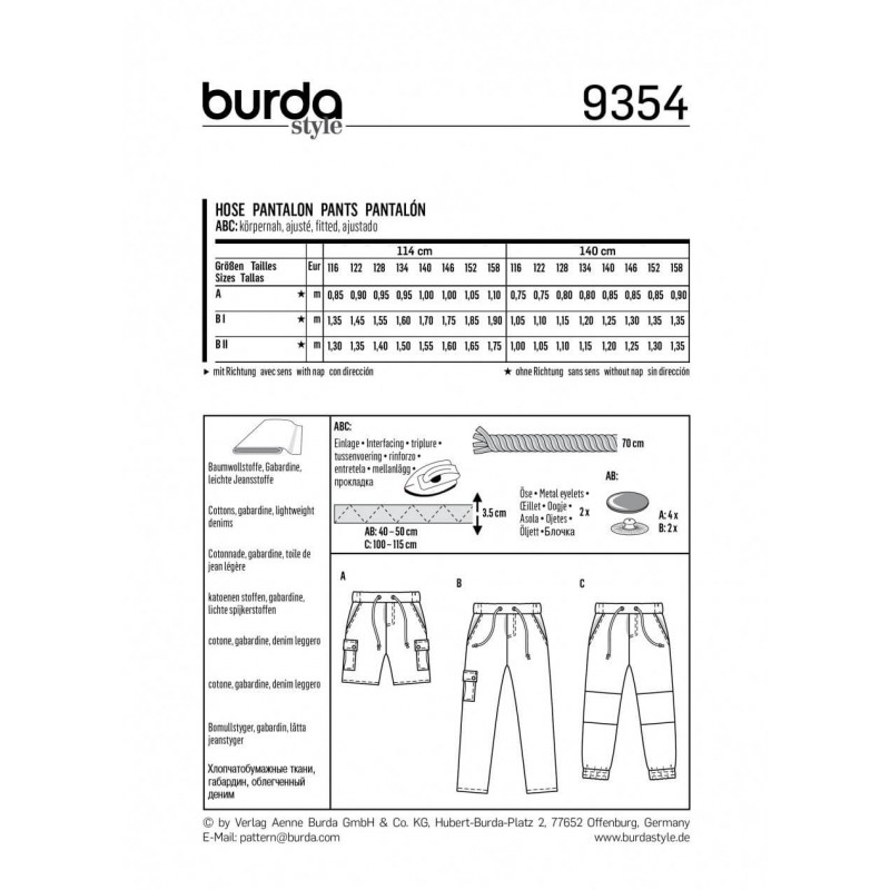 Burda Sewing Pattern 9354 Kids Shorts and Trousers with Hem Options