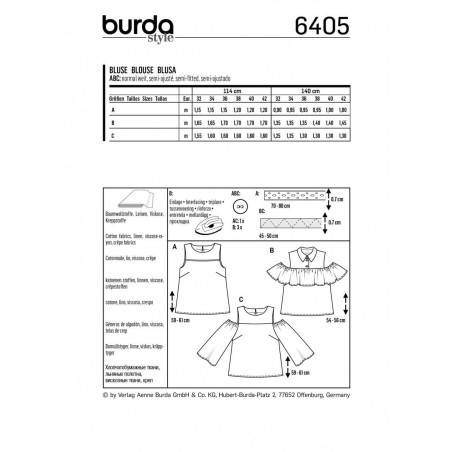 Burda Missus' Trio Of Summer Tops Fabric Sewing Pattern 6405