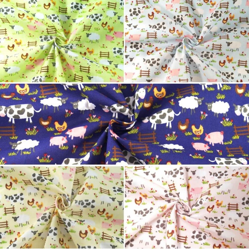 Polycotton Fabric Farmer Joe Farmyard Farm Animals Livestock Cows C...