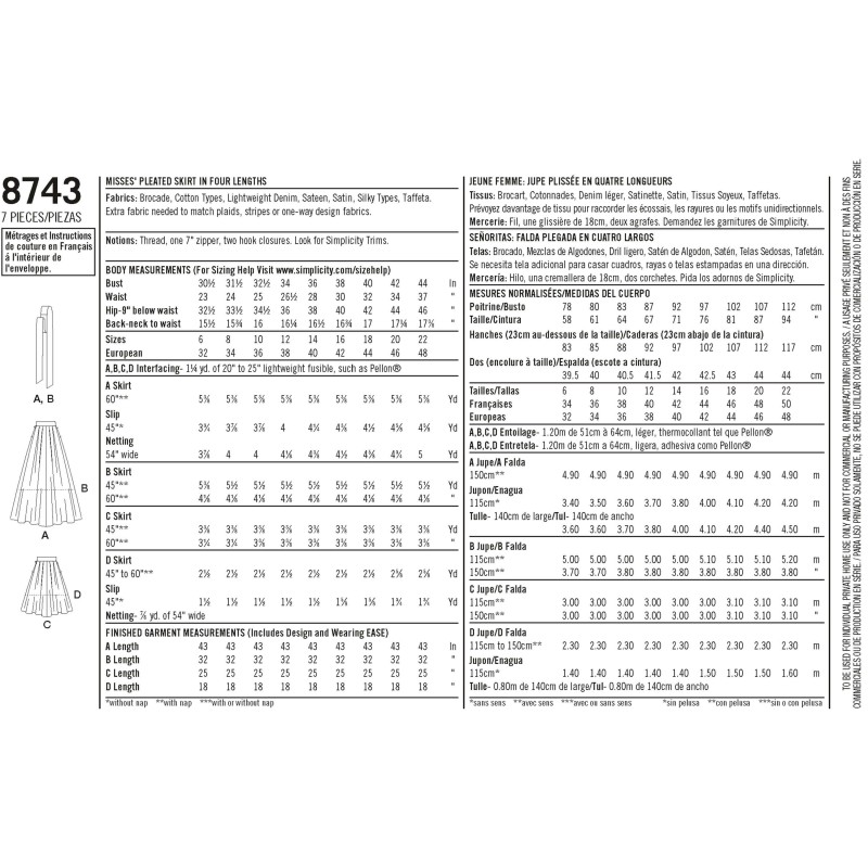 Simplicity Pattern 8743 Misses Multi Length Full Pleat Skirts Sewin...