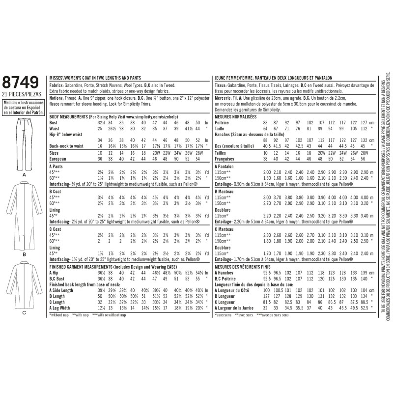 Simplicity Pattern 8749 Mimi G Coat & Trousers Set Sewing Pattern