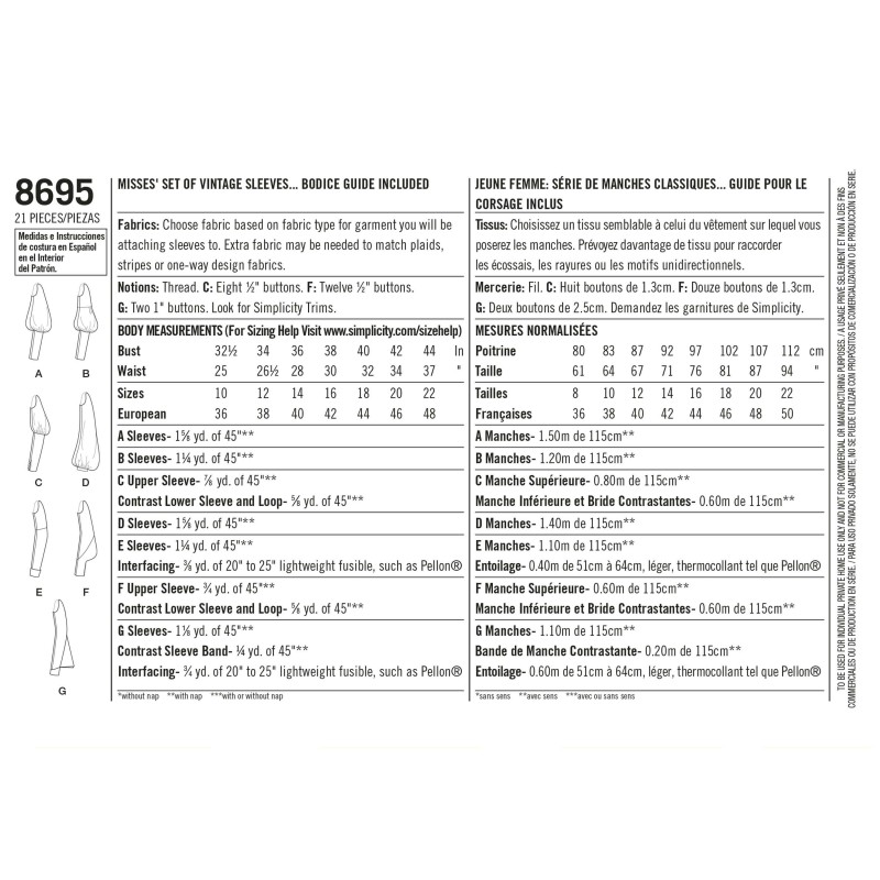 Simplicity Sewing Pattern 8695 Misses 1930s Vintage Sleeves