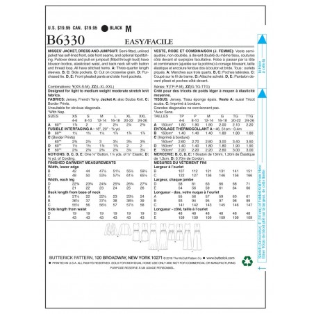 Butterick Sewing Pattern 6330 Women's Jacket Dress & Jumpsuit