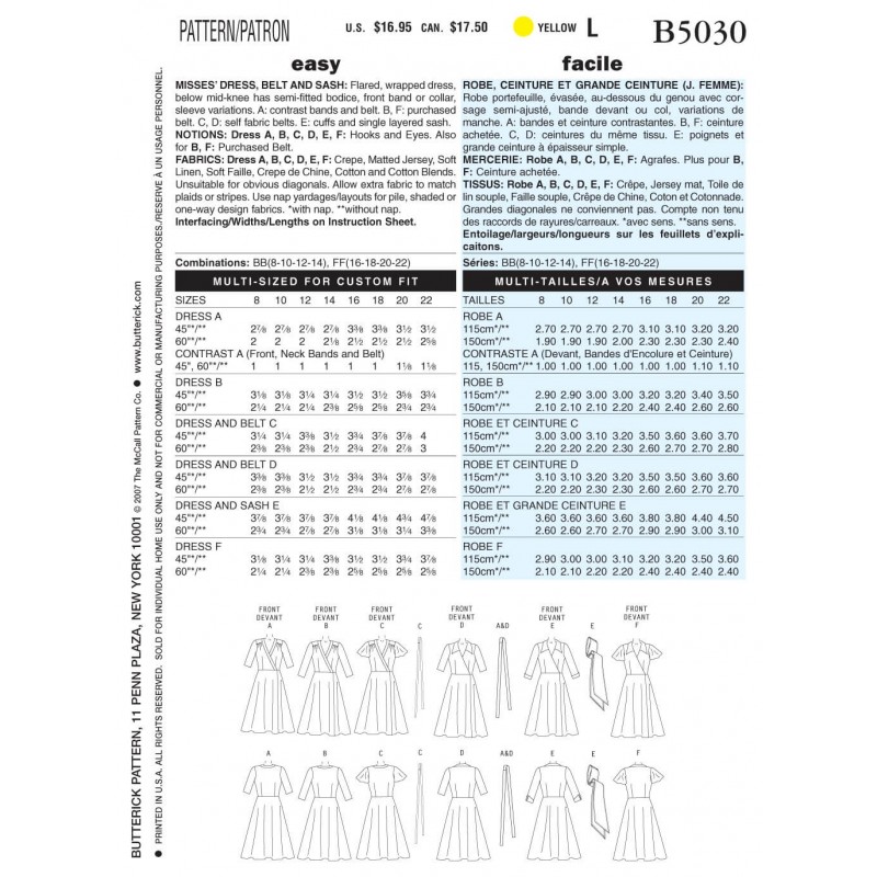Butterick Sewing Pattern 5030 Misses' Dress Belt & Sash
