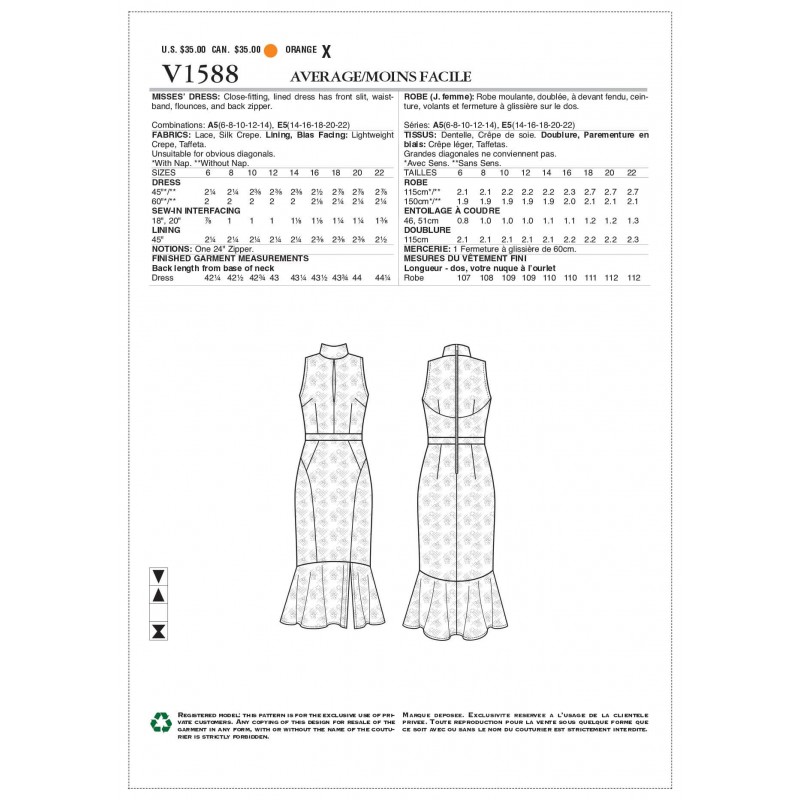 Vogue Sewing Pattern V1588 Women's Dress with High Neck and Skirt F...