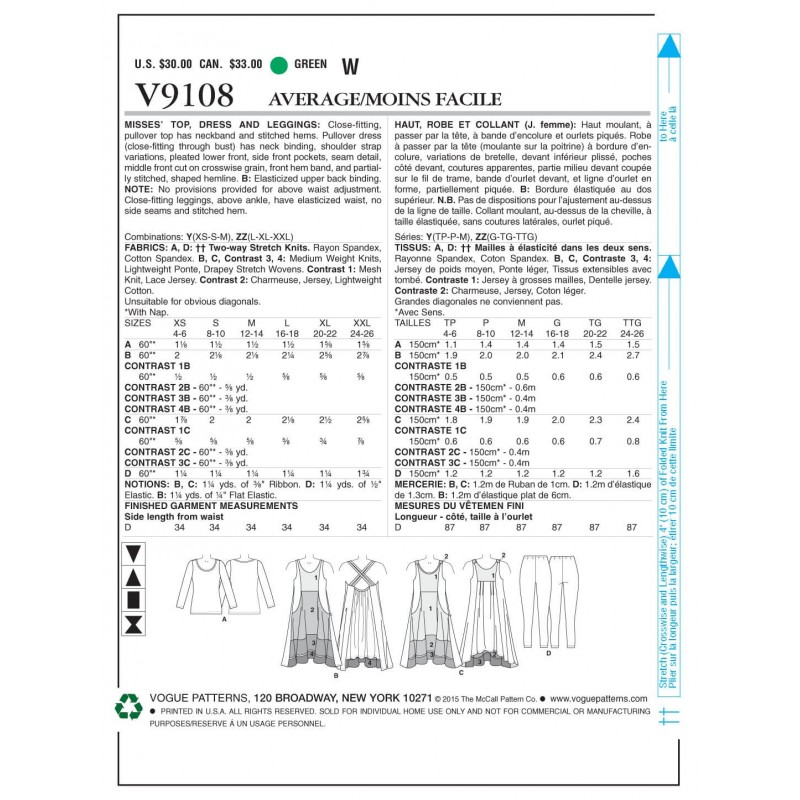 Vogue Sewing Pattern V9108 Women's Misses Top Dress And Leggings