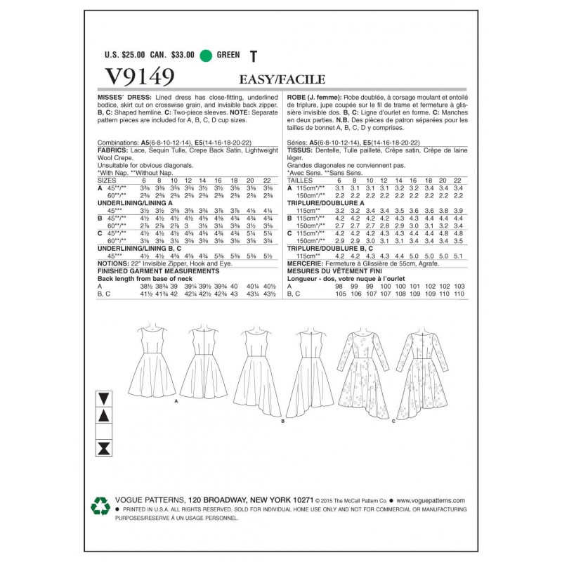 Vogue Sewing Pattern V9149 Women's Evening Wear Dress Flared Skirt