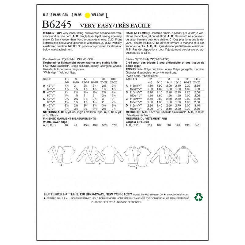 Butterick Sewing Pattern 6245 Misses' Pullover top