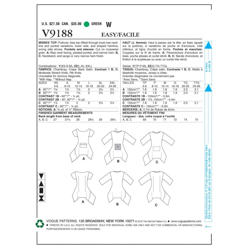 Vogue Sewing Pattern V9188 Women's Handkerchief-Hem Tops With Centr...