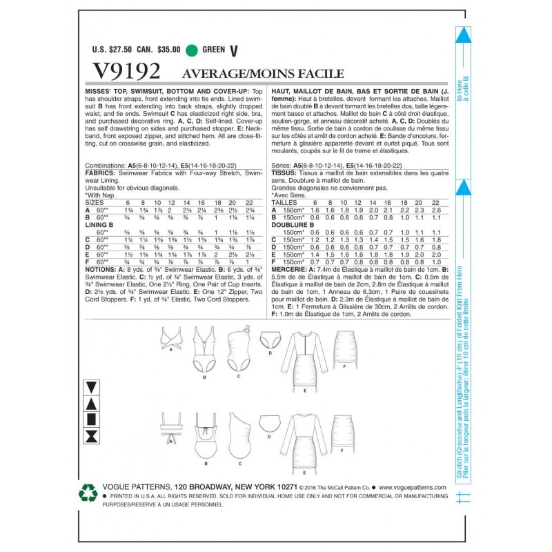 Vogue Sewing Pattern V9192 Women's Wrap Top Bikini One Piece Swimsu...