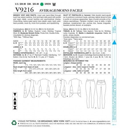 Vogue Sewing Pattern V9217 Women's Reversible Jacket & Tank Top & T...