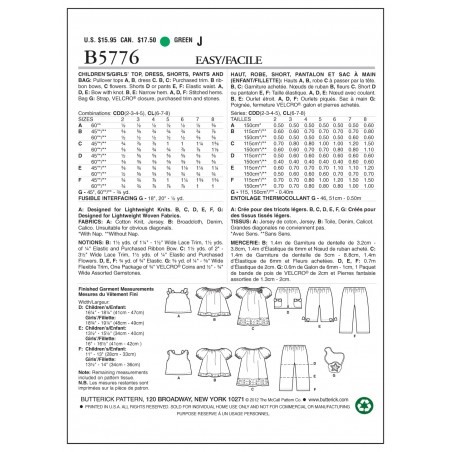 Butterick Sewing Pattern 5776 Children's Top Dress Shorts Trousers ...