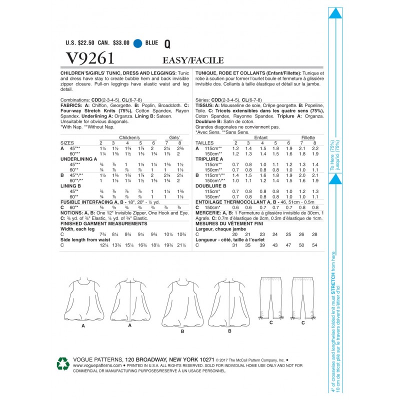 Vogue Sewing Pattern V9261 Children's Tunic And Dress With Bubble H...
