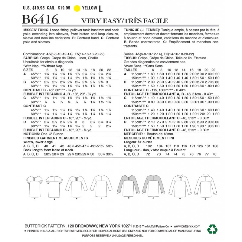 Butterick Sewing Pattern 6416 Misses' Button Closure Tunic with Yoke