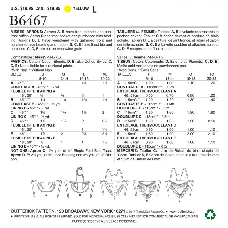 Butterick Sewing Pattern 6467 Misses' Ruffled Full or Half Aprons