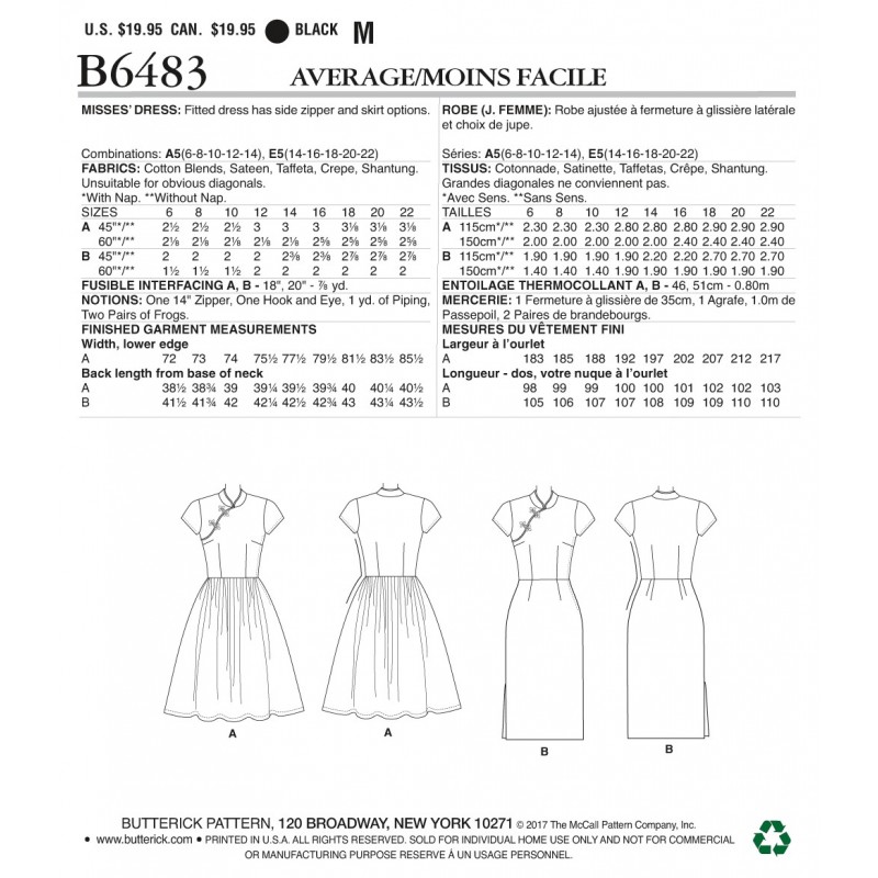 Butterick Sewing Pattern 6483 Misses' Dress with Mandarin Collar