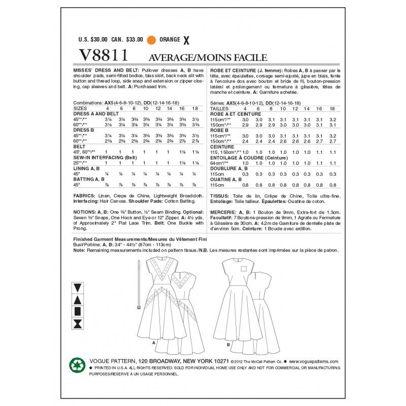 Vogue Sewing Pattern V8811 Women's Vintage Dress And Belt