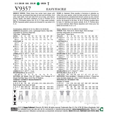 Vogue Sewing Pattern V9357 Women's Fit and Flare Panelled Dress