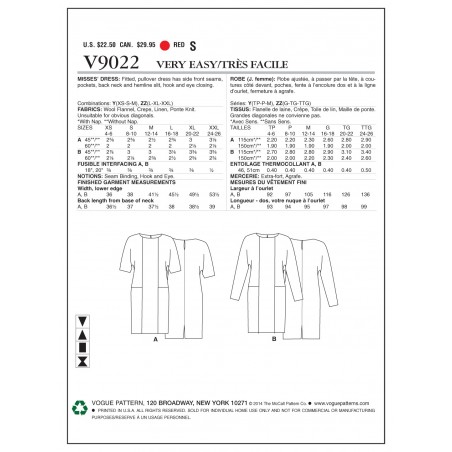 Vogue Sewing Pattern V9022 Women's Shift Dress