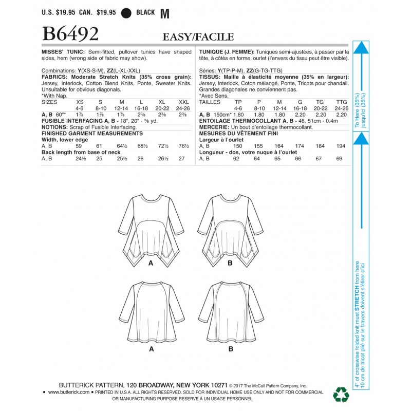 Butterick Sewing Pattern 6492 Misses' Loose Knit Tunics,Shaped Side...