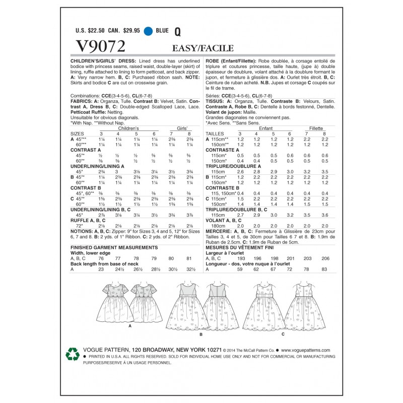 Vogue Sewing Pattern V9072 Children's Little Girls Special Occasion...