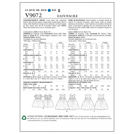 Vogue Sewing Pattern V9072 Children's Little Girls Special Occasion...