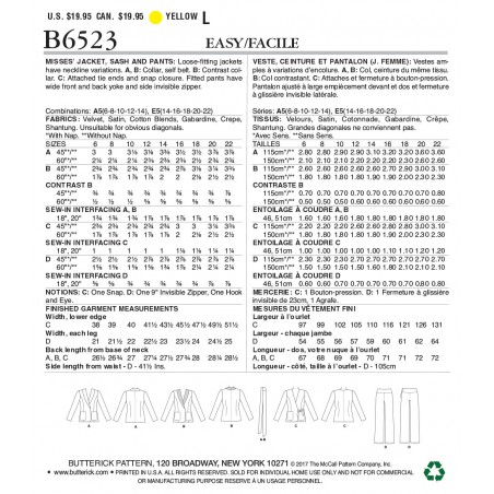 Butterick Sewing Pattern 6523 Misses' Jacket, Sash And Trousers