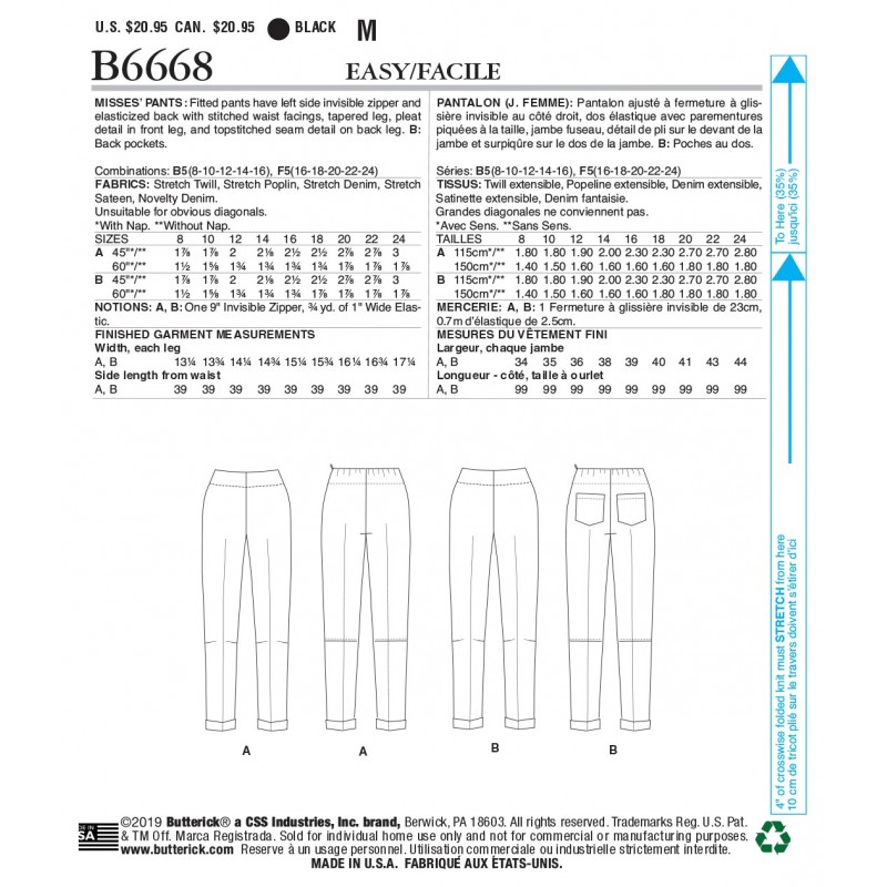 Butterick Sewing Pattern 6668 Misses' High Wasted Trousers