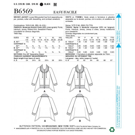 Butterick Sewing Pattern 6569 Misses' Loose Fitting Jacket With Dra...